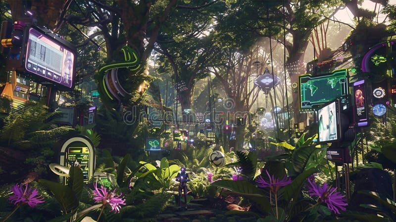 A Futuristic Forest with Large, High-tech Trees Displaying Digital Code ...