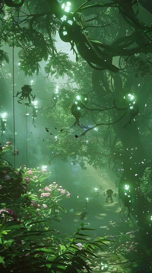 A Futuristic Forest with Large, High-tech Trees Displaying Digital Code ...