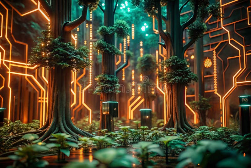 Futuristic Forest Path with Glowing Circuits Stock Illustration ...