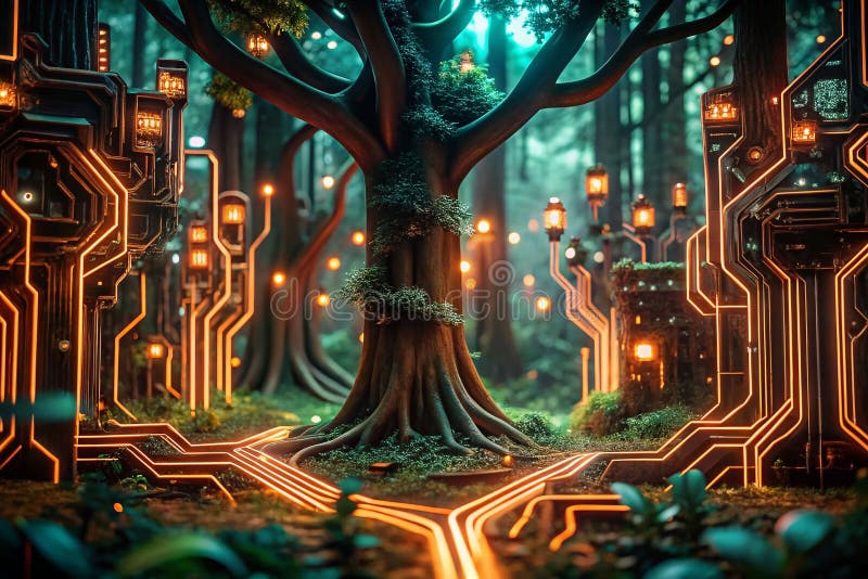 Futuristic Forest Town Centered Around a Large Tree Stock Illustration ...