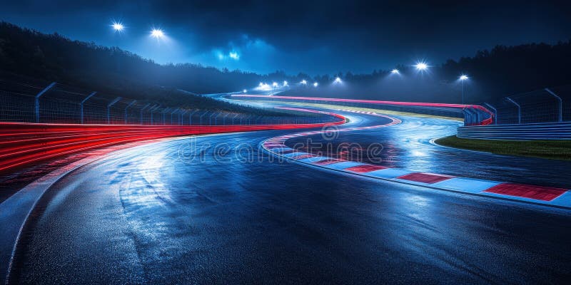 Futuristic Formula One Racetrack at Night, Illuminated by Bright ...