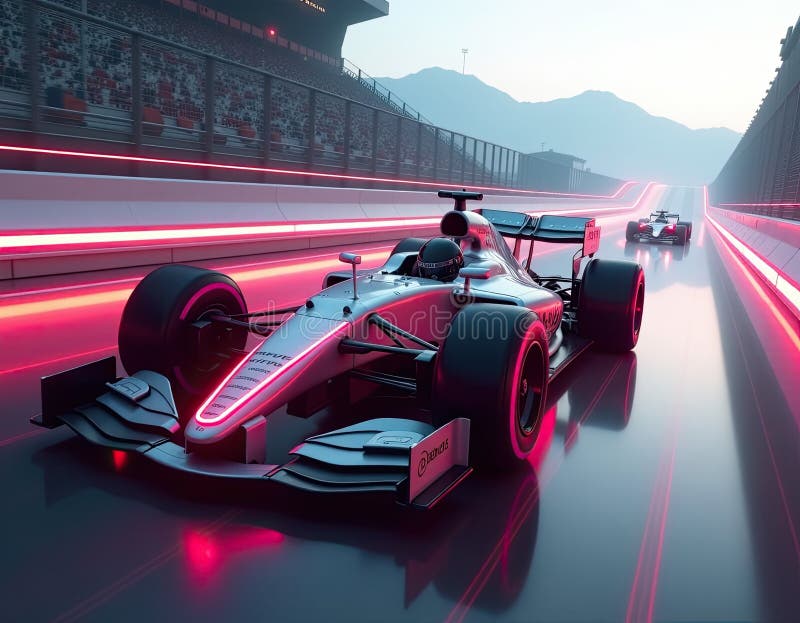 Futuristic Formula 1 Race Car on Neon Track at Dawn Stock Illustration ...