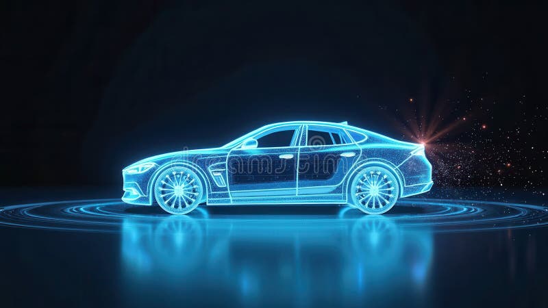 Futuristic Four-door Sedan in Neon Blue with Glowing Grid Pattern and ...