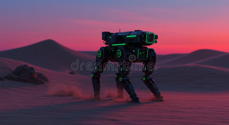 A Futuristic Four-legged Robot Explores the Neon Desert. Stock ...