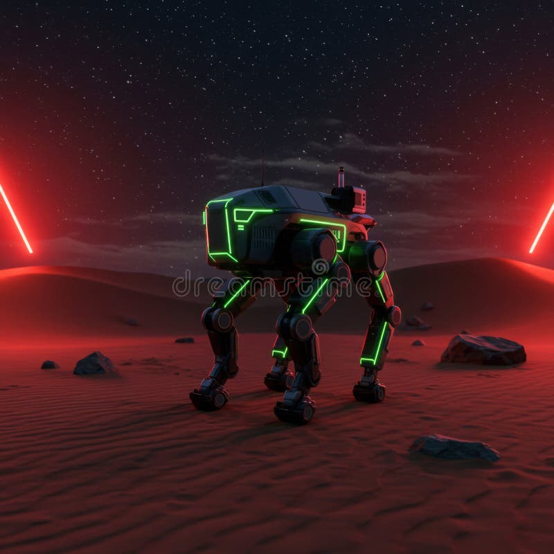 A Futuristic Four-legged Robot Explores the Neon Desert. Stock ...