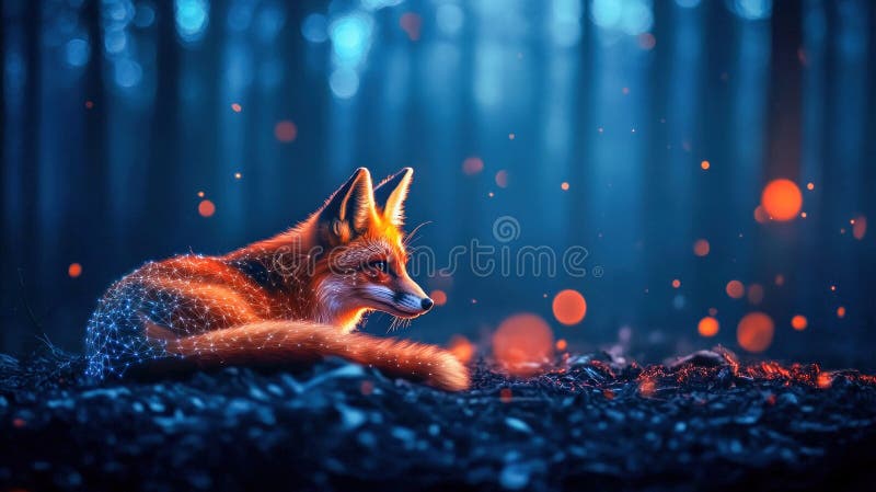 Futuristic Fox with Glowing Circuit Patterns in Enchanted Forest Stock ...