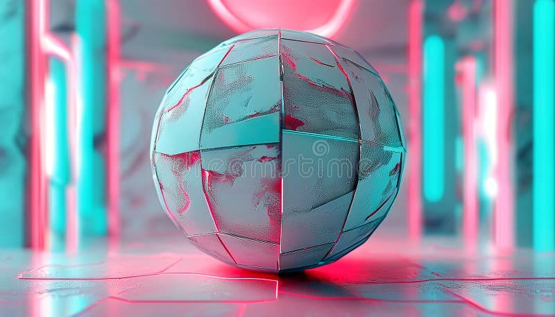 A Futuristic, Fragmented Globe Illuminated by Neon Lights in a Vibrant ...