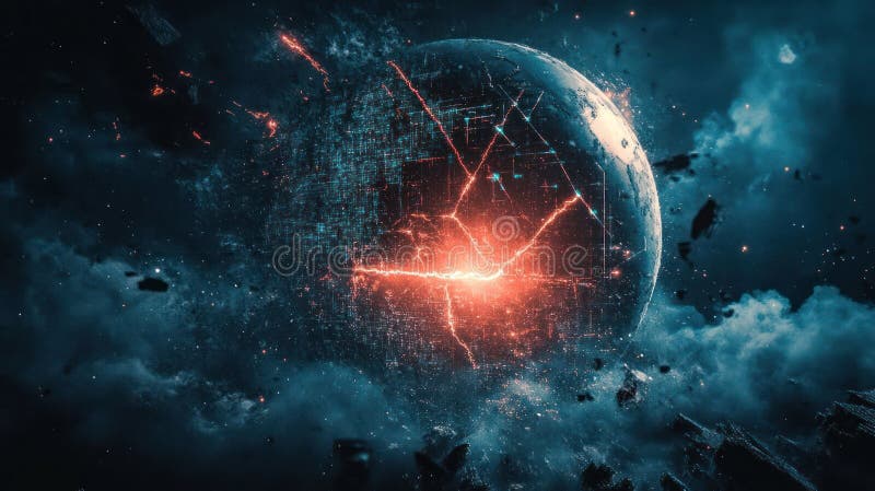 A Futuristic, Fragmented Planet with Glowing Cracks, Set Against a ...