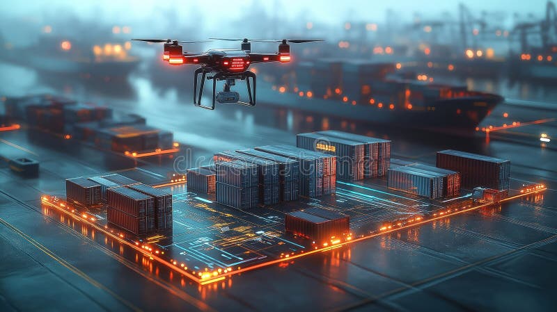 Futuristic Freight Forwarding Operation. Drones Deliver Cargo Over ...