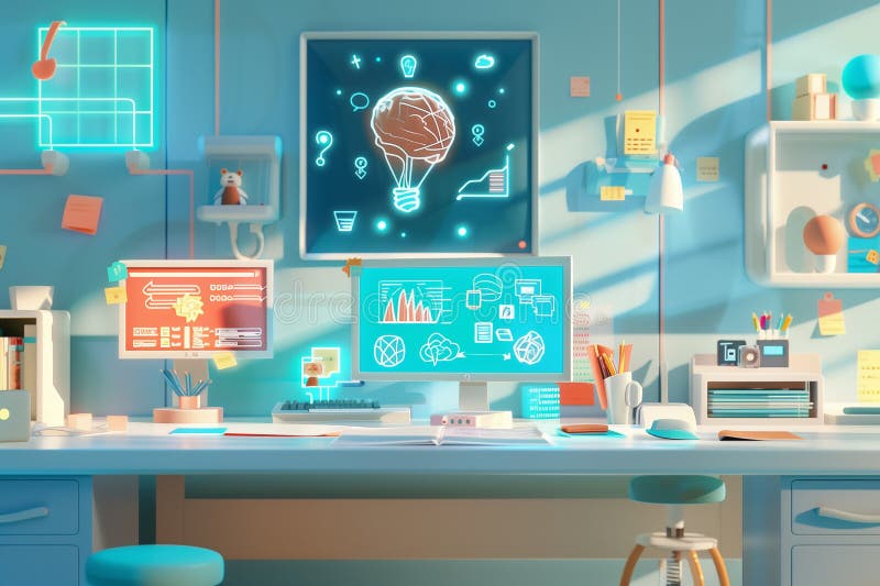 Futuristic Funny Working and Learning Room Interior with Computer ...