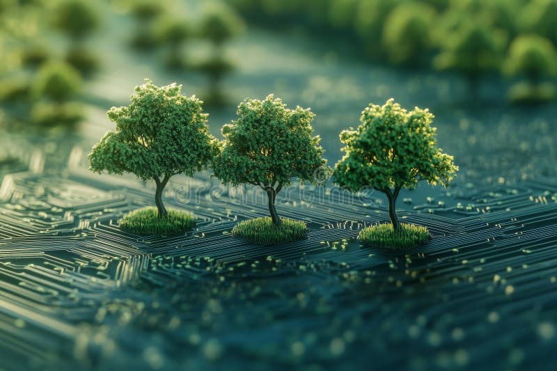 Futuristic Fusion Digital Trees Emerge from Circuitry, Representing ...