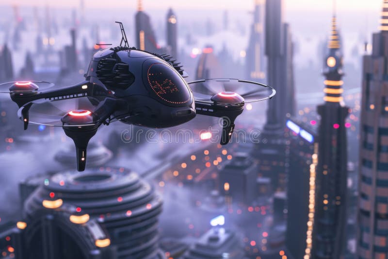 Futuristic Future City with Flying Passenger Drone, Aerial View of ...