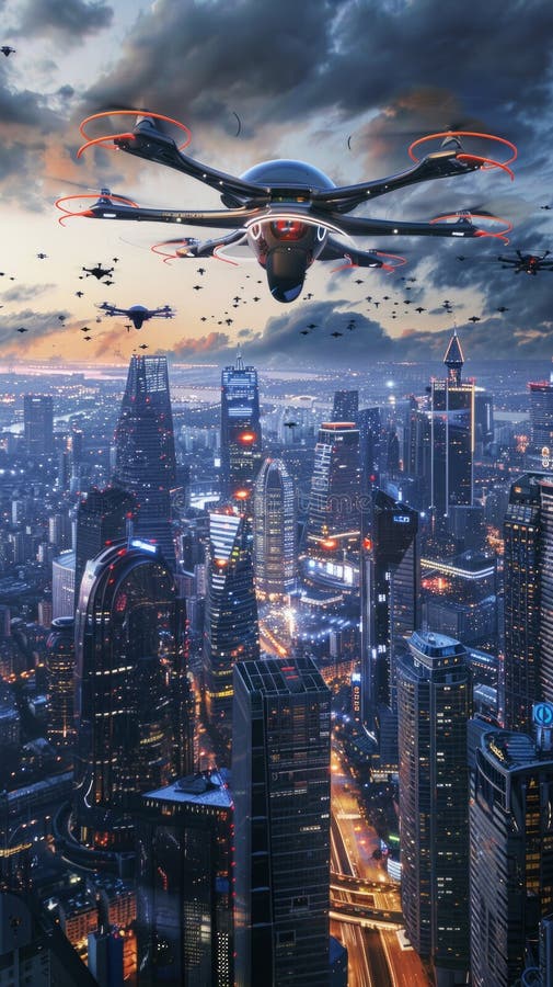 Futuristic Future City with Flying Passenger Drone, Aerial View of ...