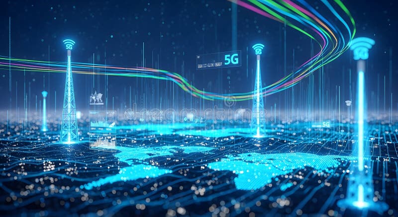 Futuristic 5G Network Towers with Global Data Visualization ...