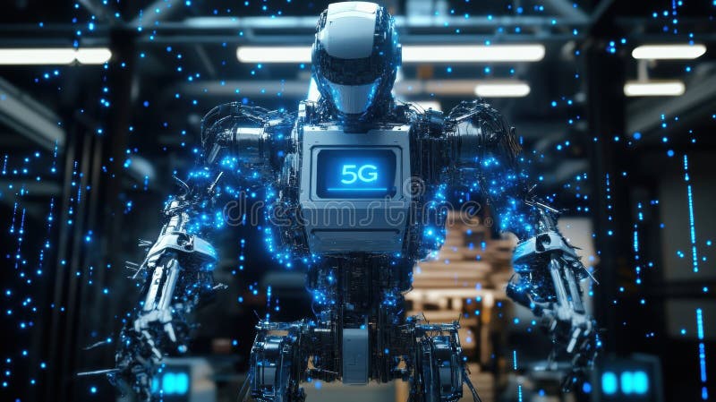Futuristic 5g Robot Standing in a Technological Industrial Environment ...