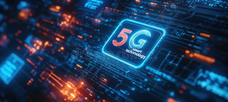 Futuristic 5G Smart Technology Concept with Glowing Blue and Orange ...