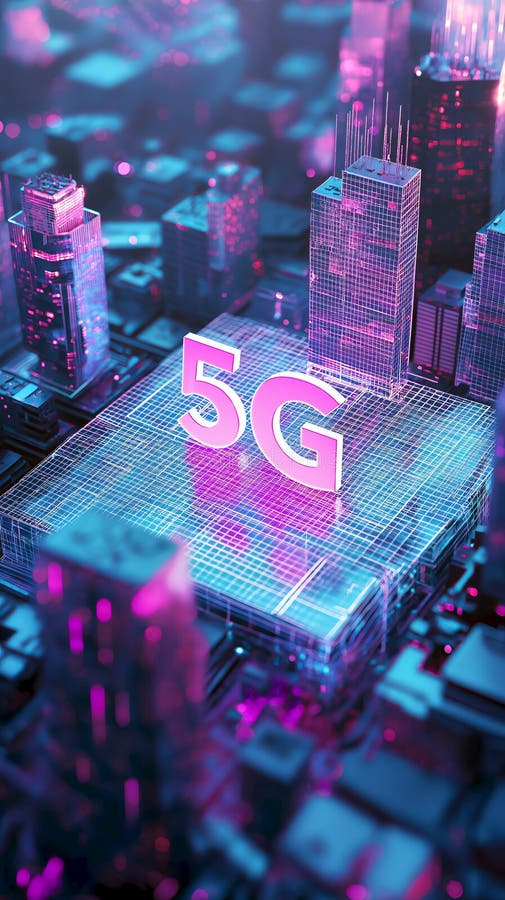 Futuristic 5g Technology Cityscape in Vibrant Neon Colors Stock Photo ...