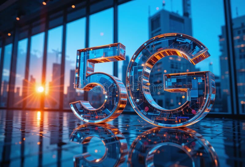 Futuristic 5G Technology in a Modern Office Setting with a Cityscape ...