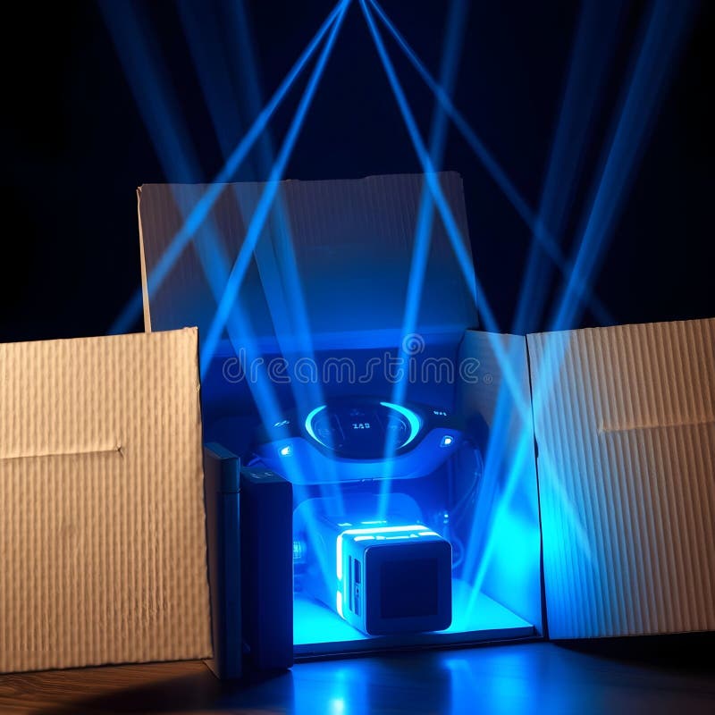 Futuristic Gadget Unveiled: Blue Light from Box with 250 Display Stock ...