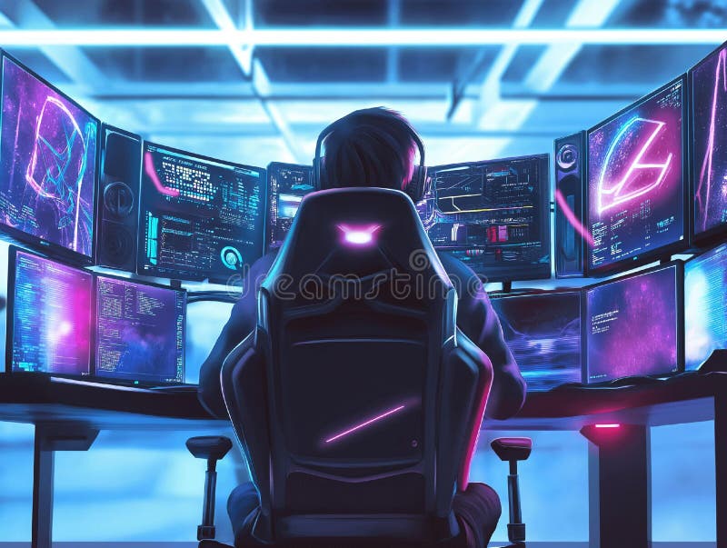 Futuristic Gamer in Front of a High Technology Screen Setup Stock ...