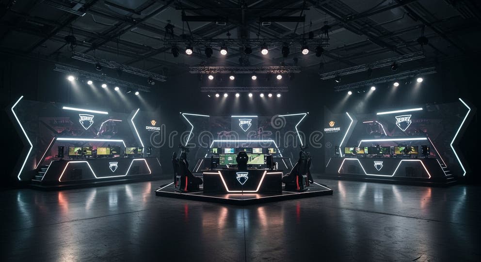 Futuristic Gaming Arena with Multiple Illuminated Stations Arranged in ...