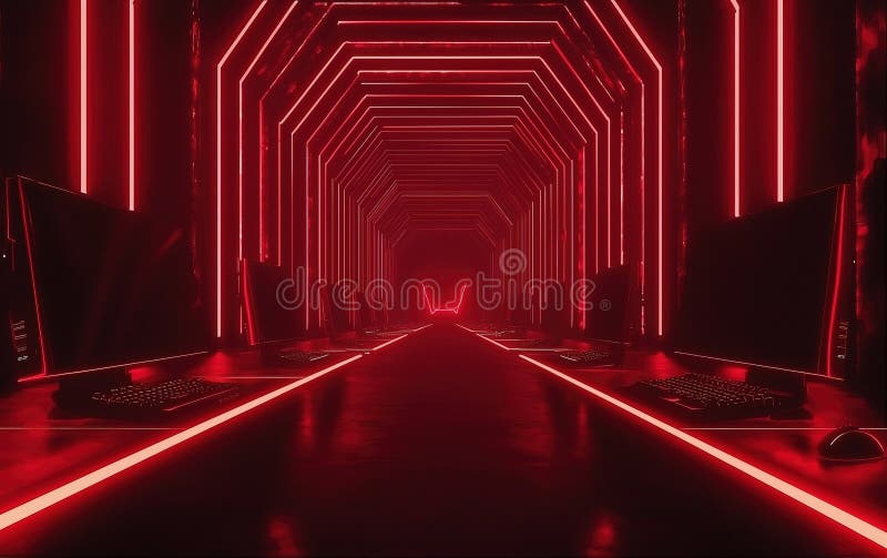 A Futuristic Gaming Corridor Illuminated by Neon Red Lights with Gaming ...