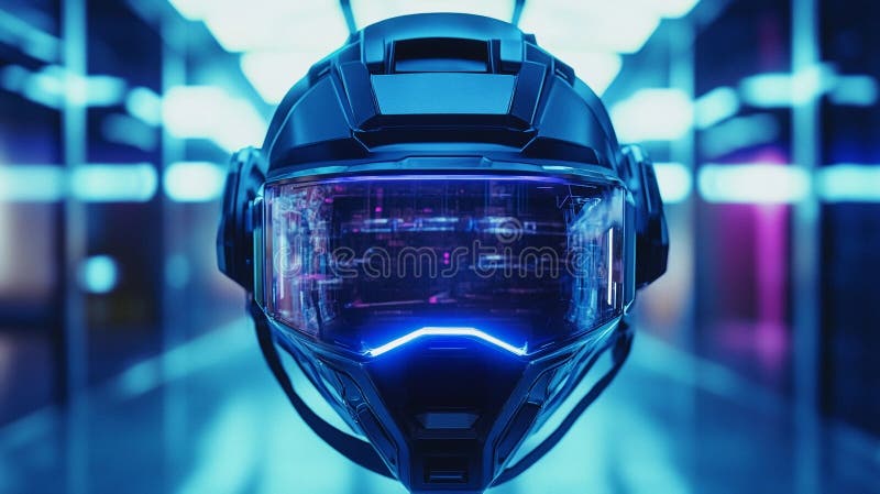 Futuristic Gaming Helmet Illuminated in a Neon-lit Environment with a ...