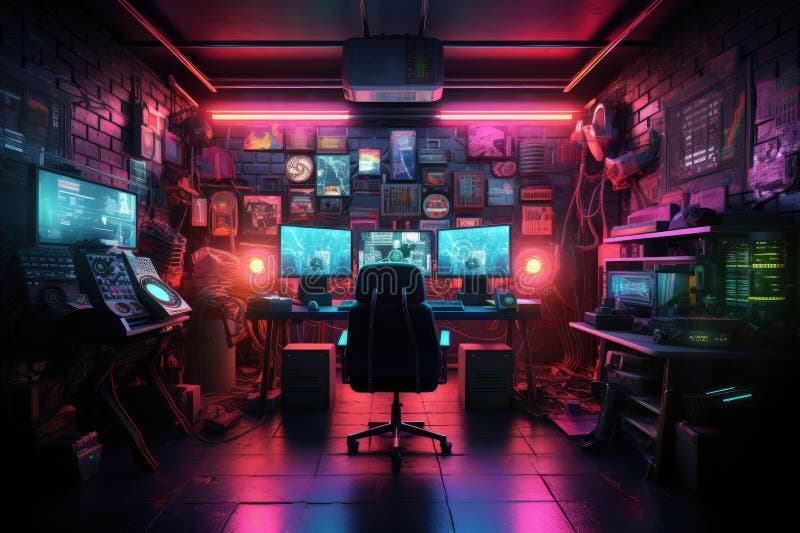 Futuristic Gaming Room with Computers and Monitors. 3d Rendering of a ...