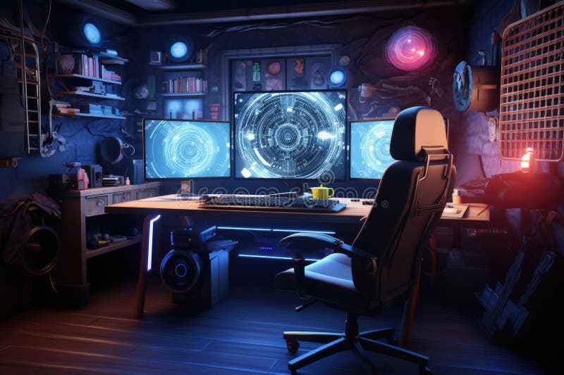 Futuristic Gaming Room with Monitors and Computers, 3d Rendering of a ...