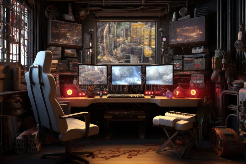 Futuristic Gaming Room with Monitors and Computers, 3d Rendering of a ...