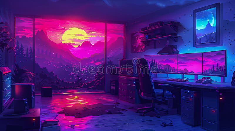 Futuristic Gaming Room with Neon Sunset View Stock Illustration ...