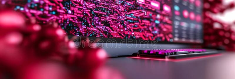 A Futuristic Gaming Setup with a Cyberpunk-style Neon Screen Displaying ...