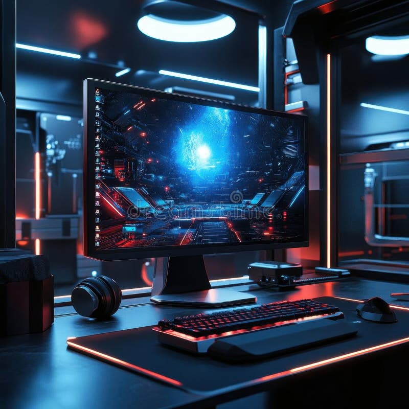 Futuristic Gaming Setup with RGB Lighting Stock Illustration ...