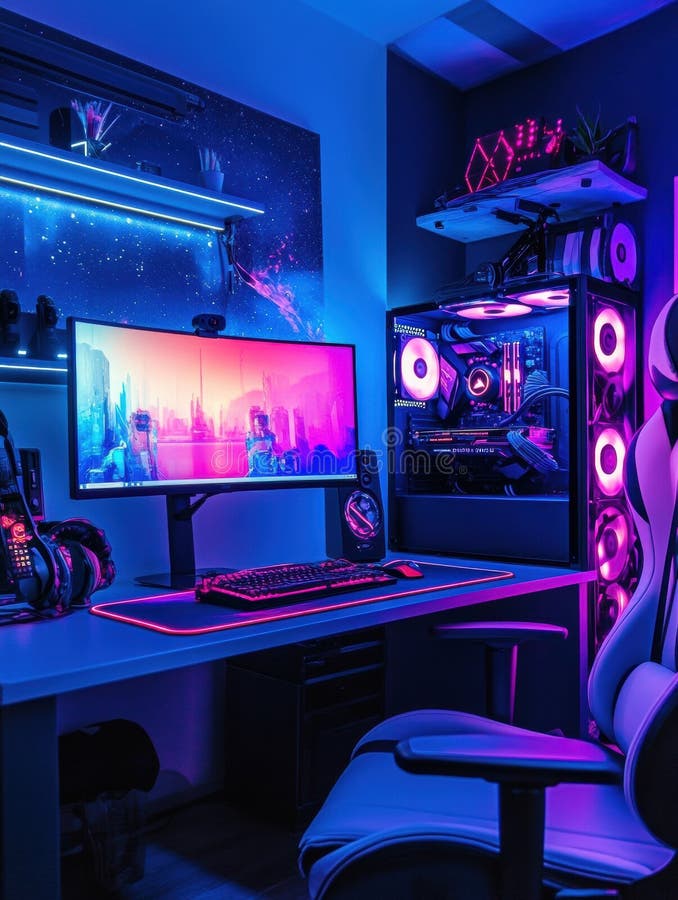 Futuristic Gaming Setup with RGB Lighting and Ergonomic Chair for ...