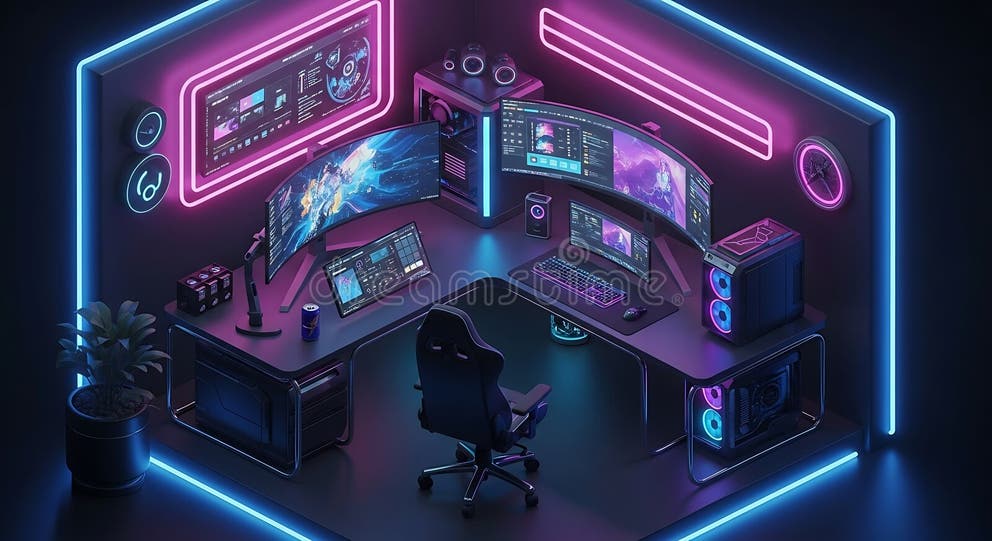 Futuristic Gaming and Streaming Setup with Multiple Curved Monitors and ...