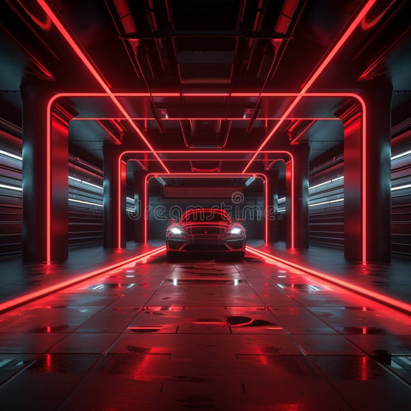 Futuristic Garage Environment Enhanced by Dynamic Neon Red Lighting ...