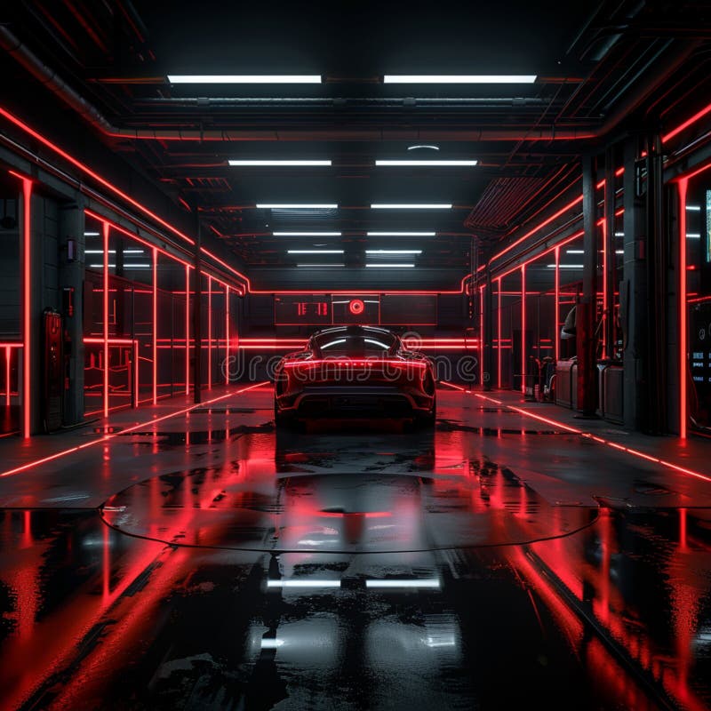 Futuristic Garage Environment Enhanced by Dynamic Neon Red Lighting ...