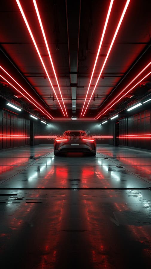 Futuristic Garage Environment Enhanced by Dynamic Neon Red Lighting ...