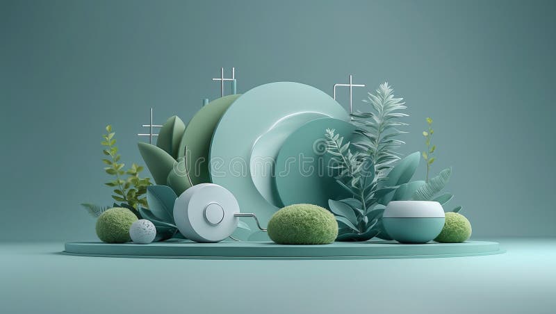 Futuristic Garden Composition with Plants and Sculptural Forms Stock ...