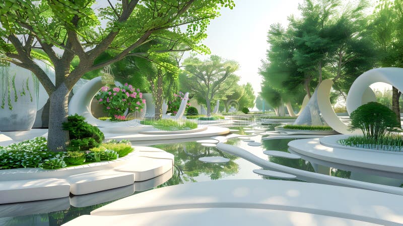 Futuristic Garden Landscape with Trees and Water Stock Illustration ...