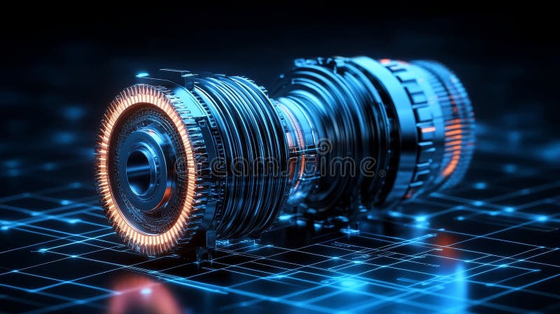 Futuristic Gas Turbine Engine with Glowing Lights on Digital Grid ...
