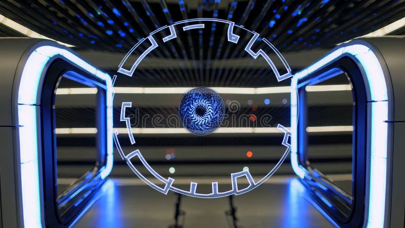 Futuristic Gate with a Rotating Core and Glowing Lights Opens and ...