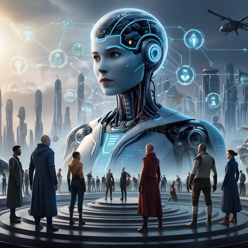 Futuristic Ai Conference with Advanced Robotics in Cityscape Stock ...