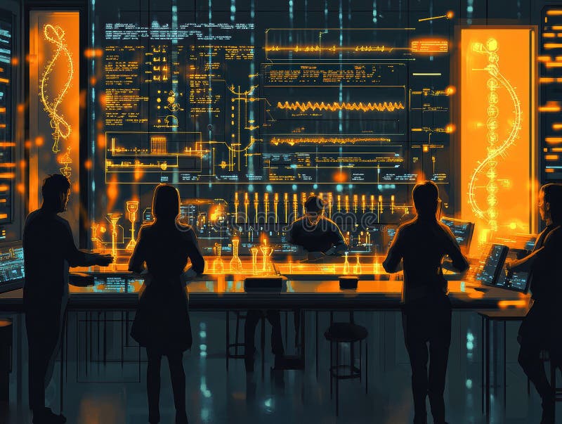 People Working Futuristic Control Room Glowing Displays Stock Photos ...