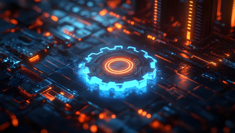 Futuristic Gear Icon on Circuit Board Symbolizing Technology Automation ...