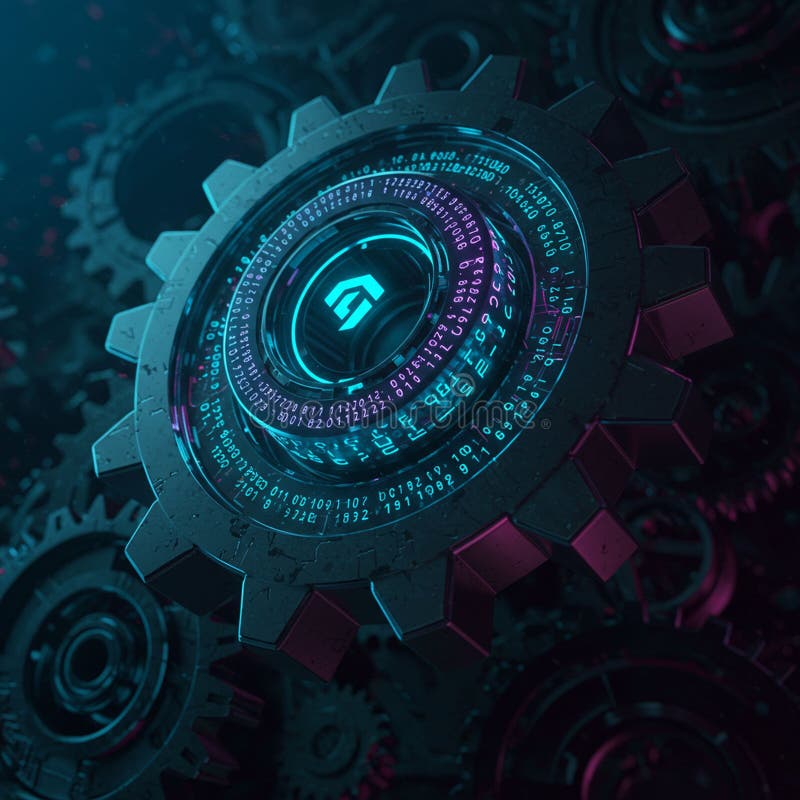 Futuristic Gear Mechanism Featuring a Large Cogwheel with Digital ...