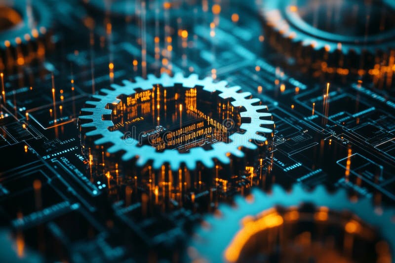 Futuristic Gears and Circuit Board Design with Glowing Elements Stock ...