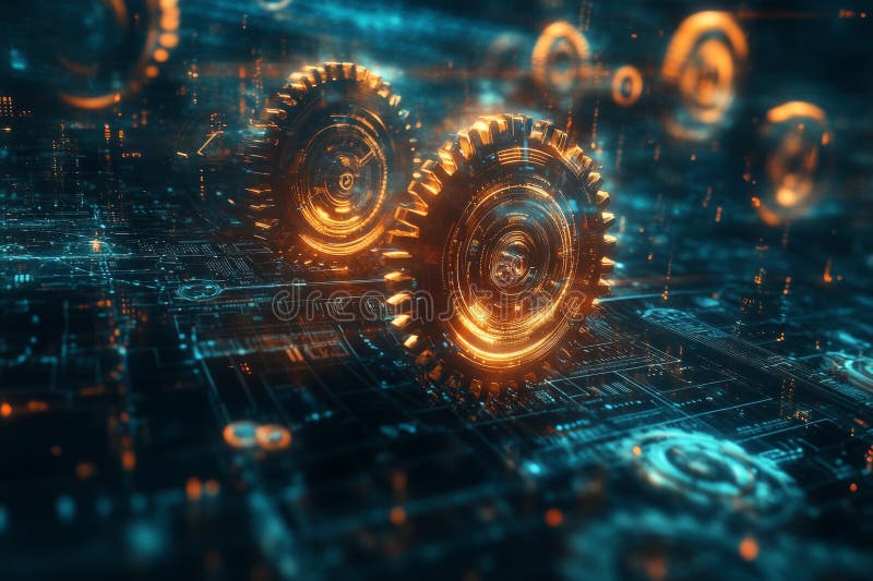 Futuristic Gears Rotating in a Technological Digital Environment Stock ...