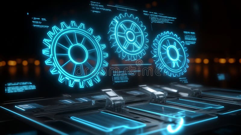 Futuristic Gears Rotating on a Virtual Screen with Programming Code ...