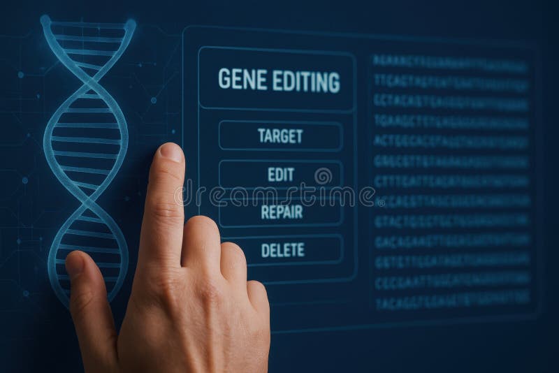 Advanced Gene Editing Technology Interface with DNA Helix and Control Panel Elements Stock ...